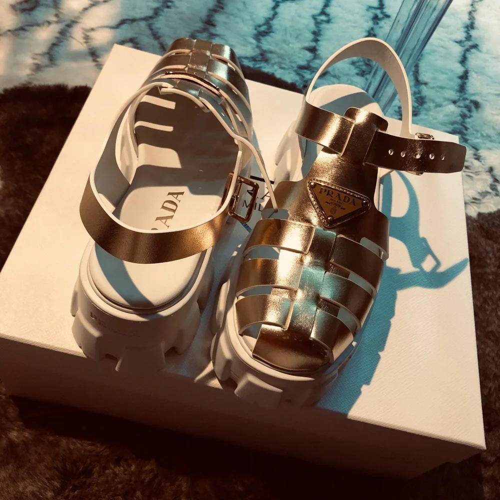 Prada | Shoes | Prada Gold Rubber Monolith Sandals | Poshmark